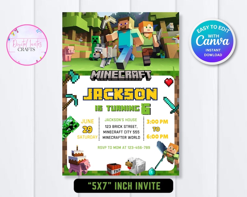 Editable Minecraft Birthday Invitation, Minecraft Birthday Invitation ...