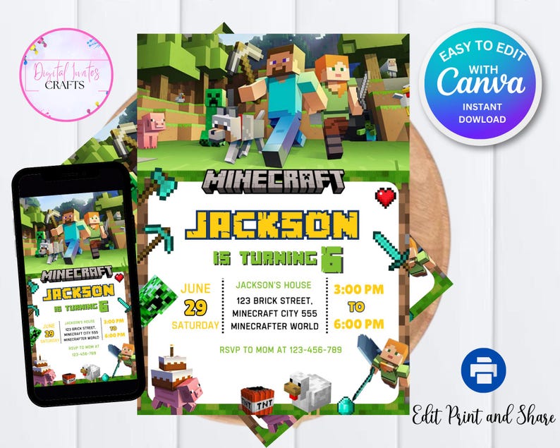 Editable Minecraft Birthday Invitation, Minecraft Birthday Invitation ...