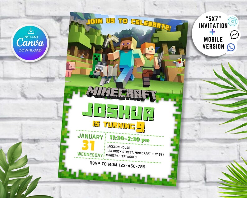 Editable Minecraft Birthday Invitation, Minecraft Birthday Invitation ...