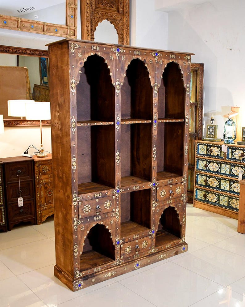 Turkan Bookshelf – Handmade Antique Wooden Bookcase With Brass ...