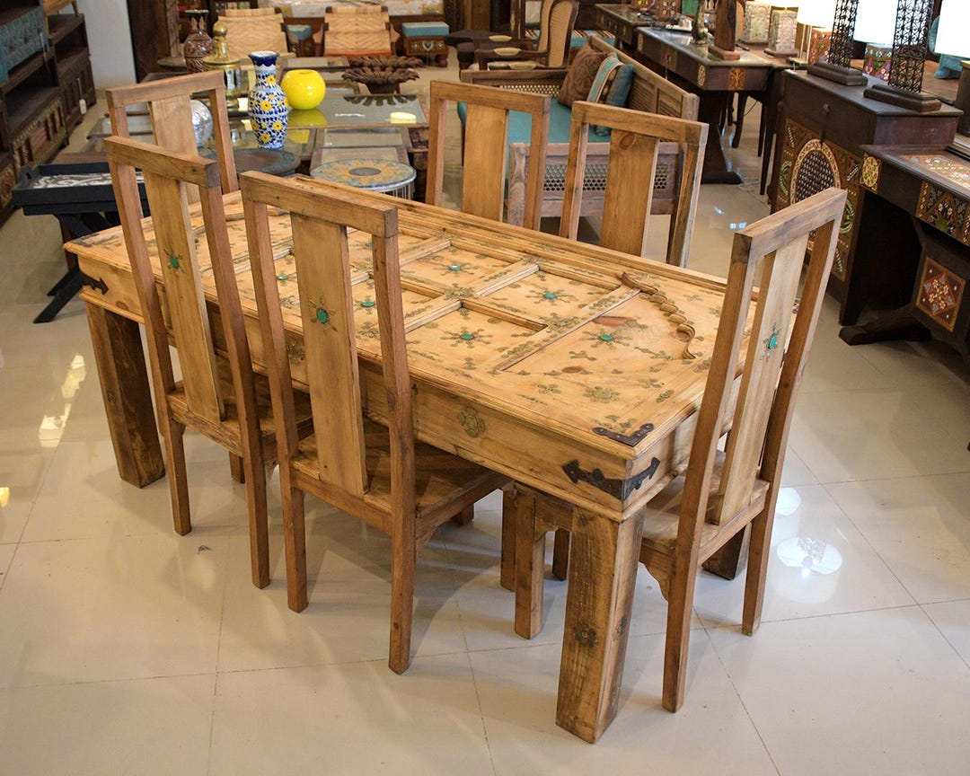 Handmade Solid Pine Wood Turkan Dining Table Set With 6 Chairs ...