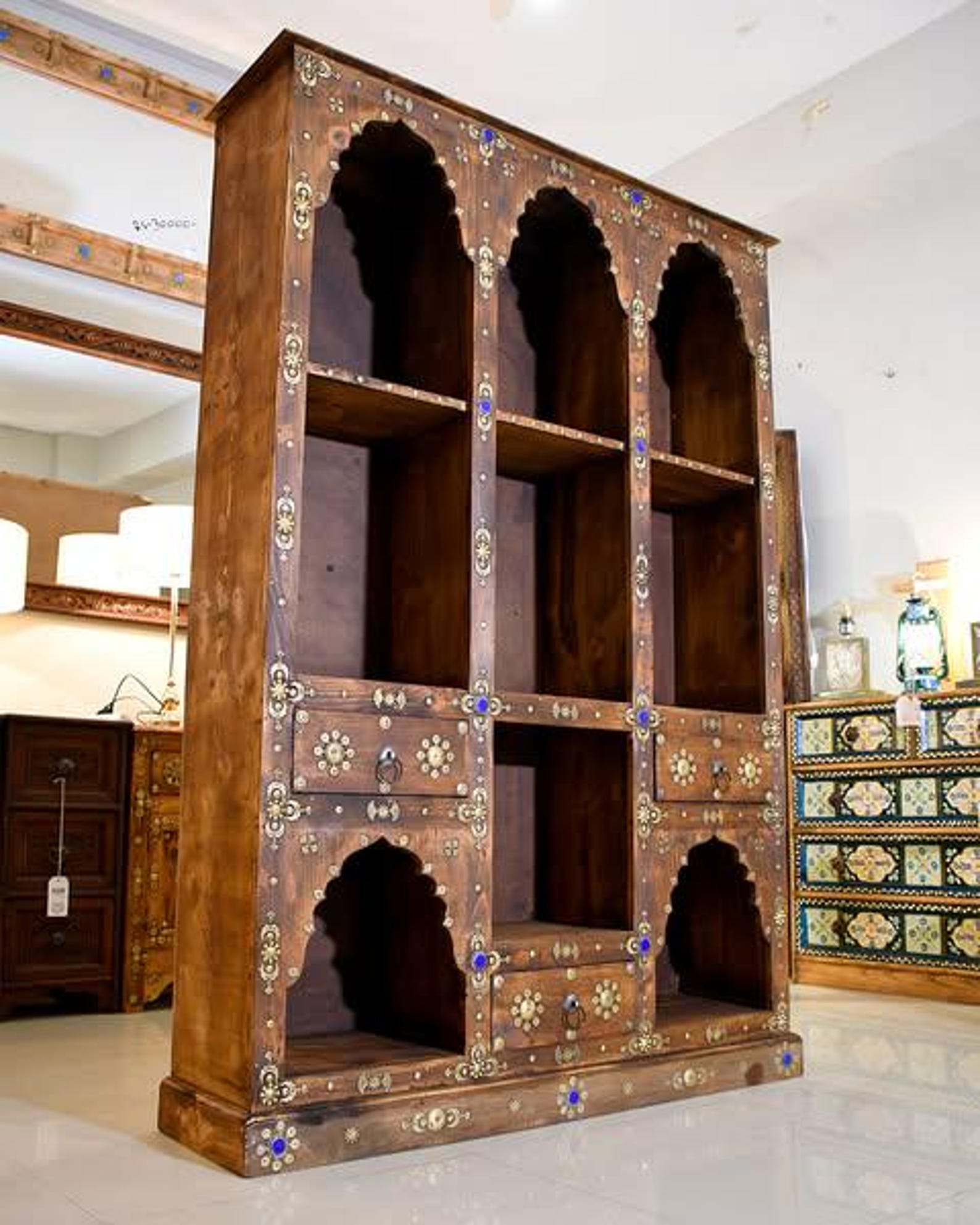 Turkan Bookshelf – Handmade Antique Wooden Bookcase With Brass ...