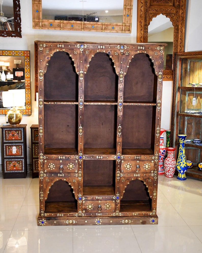 Turkan Bookshelf – Handmade Antique Wooden Bookcase With Brass ...