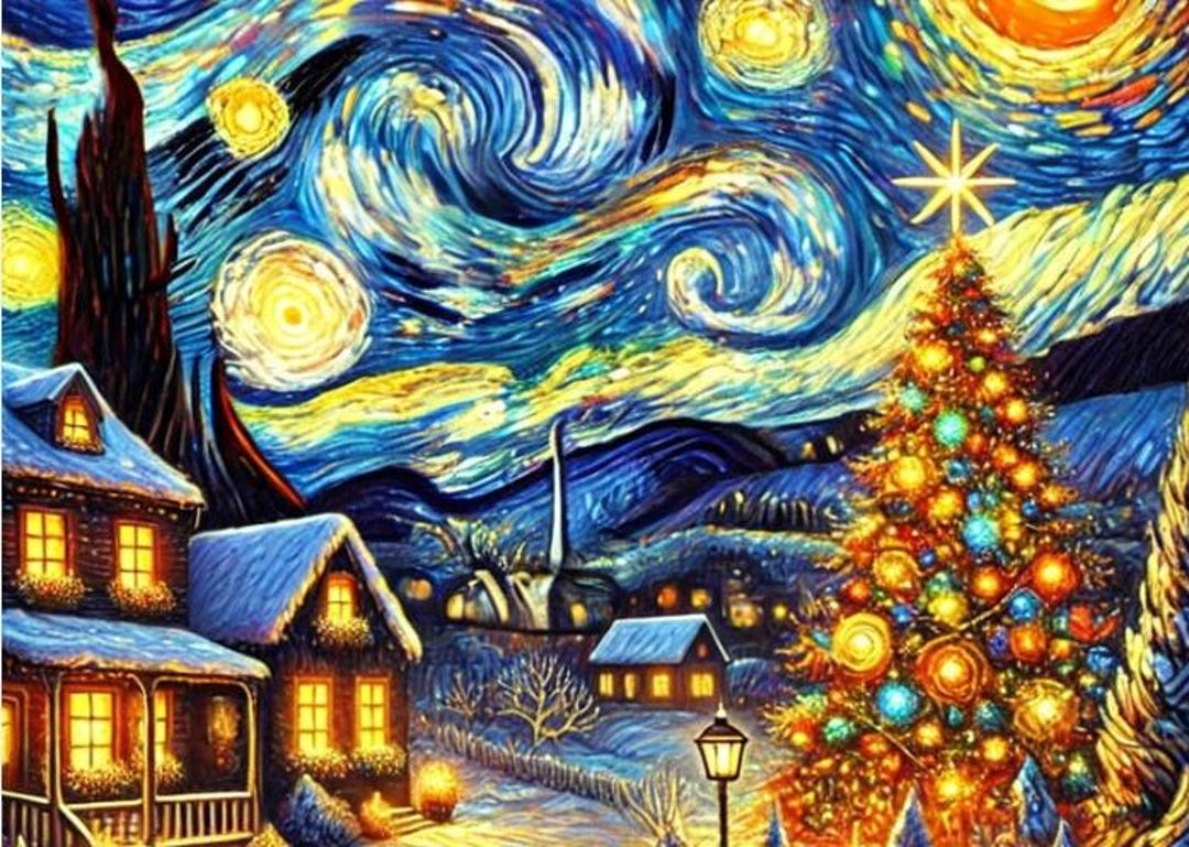 Van Gogh Starry Night Christmas Card | Holiday Village (digital ...