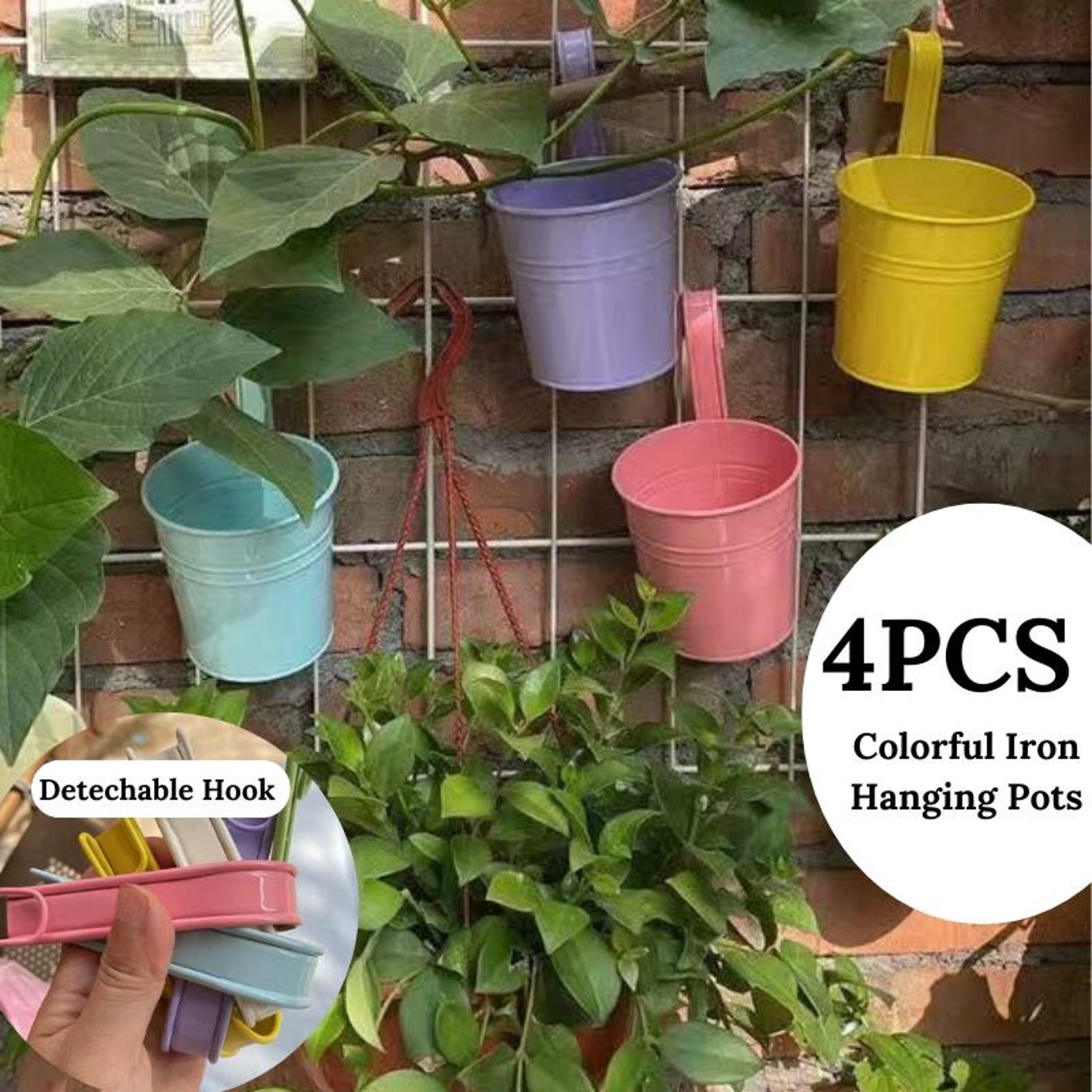 4 Pastel Iron Hanging Planters: Detachable Hook Indoor Outdoor Pots - Etsy