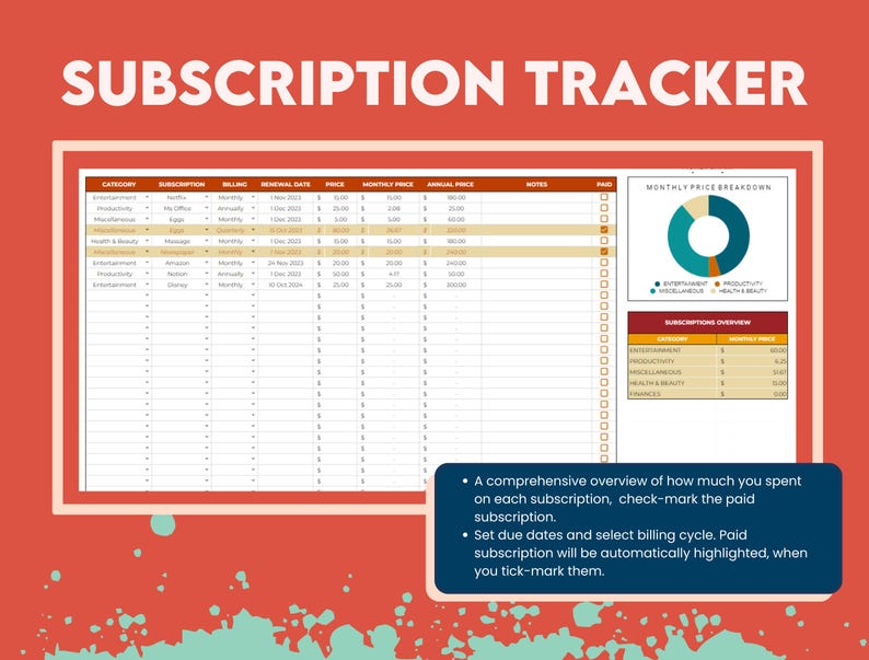 Monthly Subscription Tracker Spreadsheet | Google Sheets Budget ...
