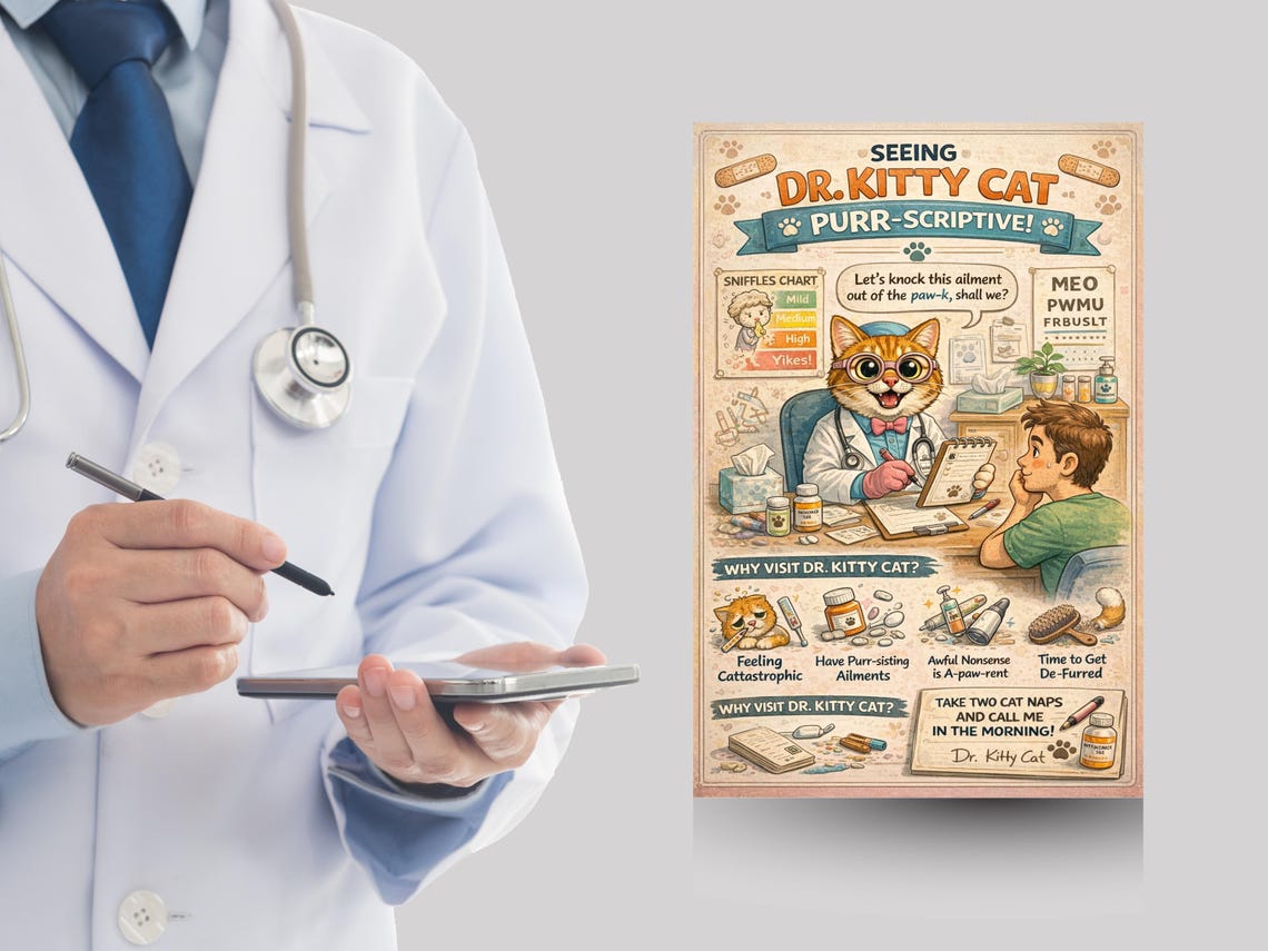 Funny Dr Kitty Cat Purr-scription Poster, Cute Vet Kitten Doctor Wall ...