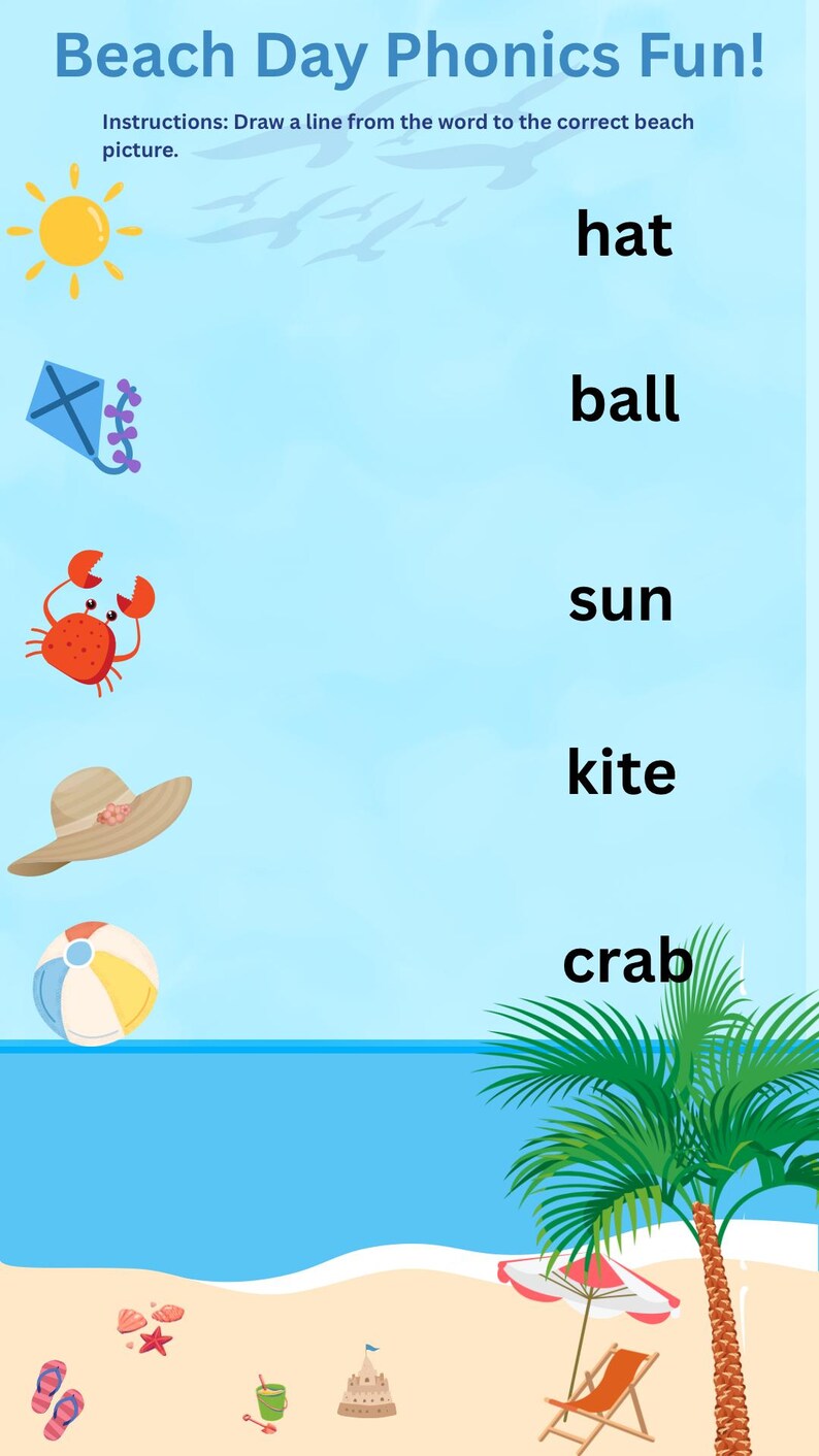 Beach Day Phonics Worksheet | Summer Reading Printable for Early ...