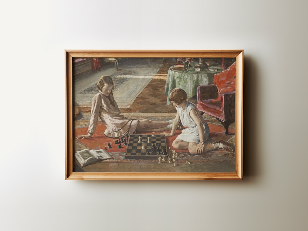 Vintage Chess Game Oil Painting | Mid Century Modern Chess Lovers ...