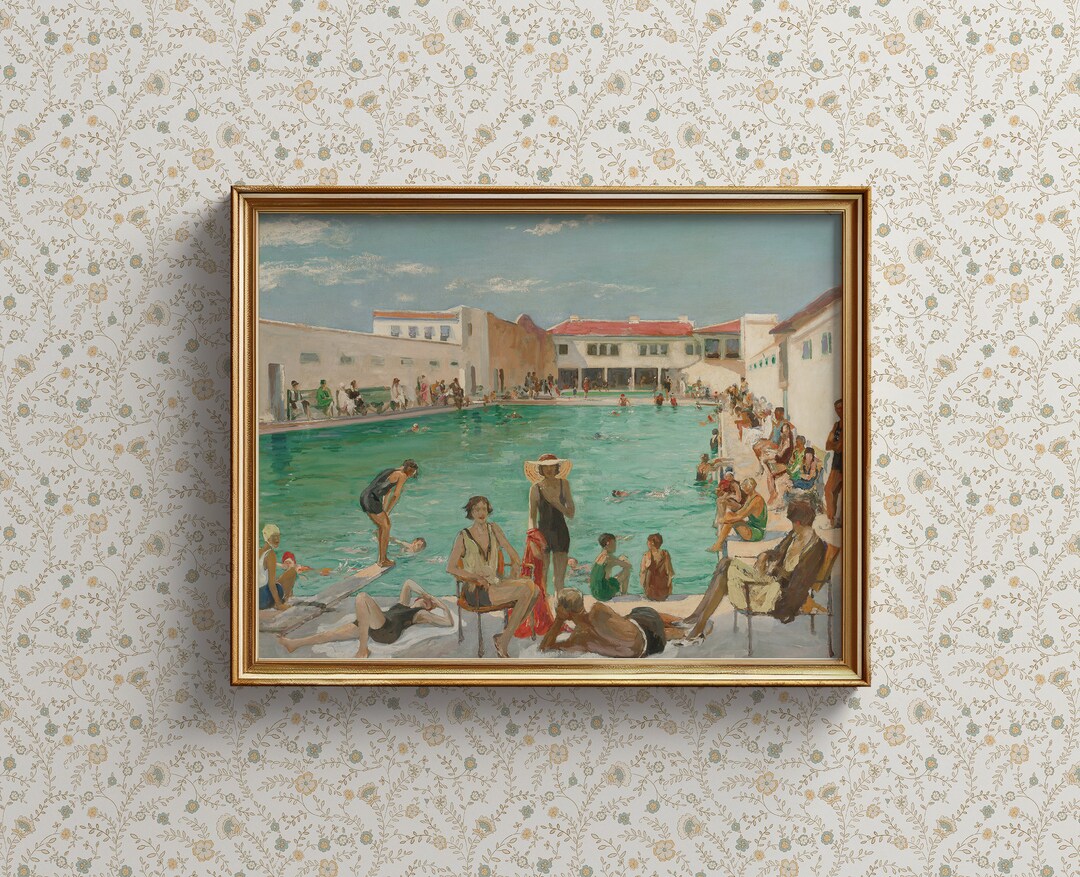 Preppy Poolside Wall Art | Vintage Oil Painting Downloadable Print ...