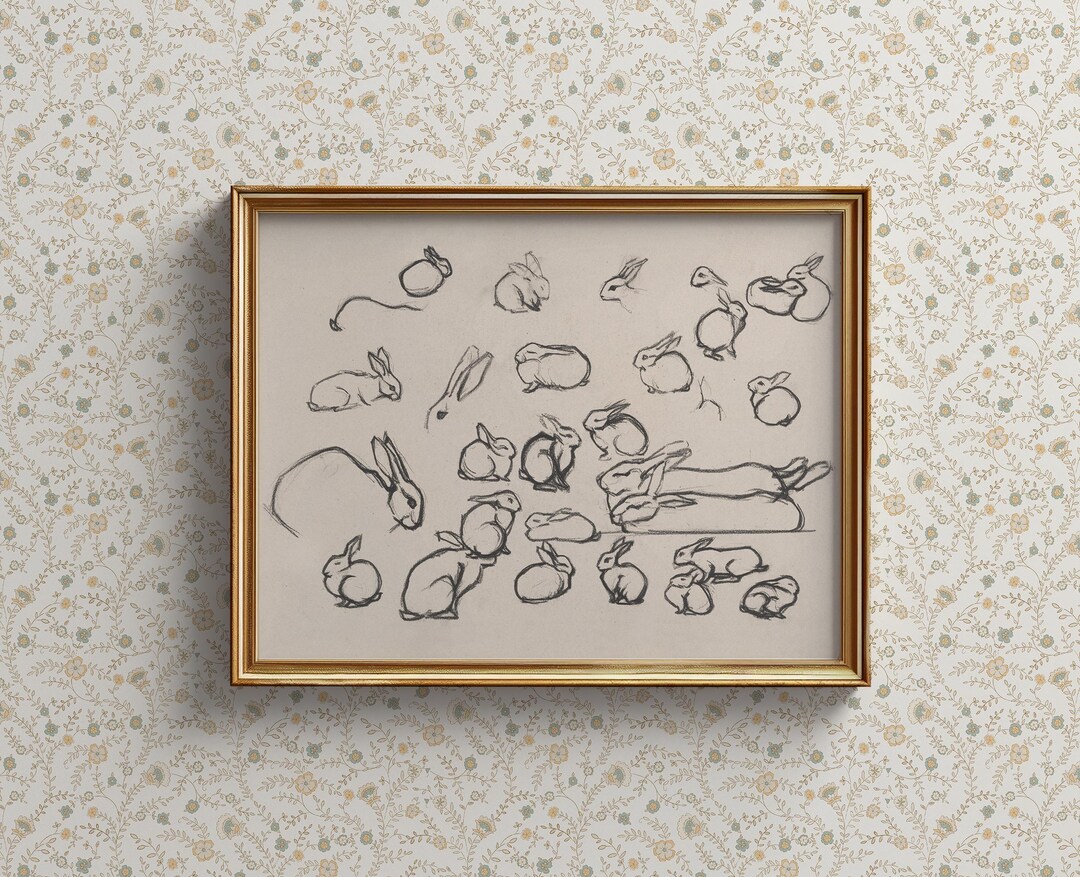 Vintage Cottage Core Rabbit Sketch | Farmhouse Nursery Wall Art ...