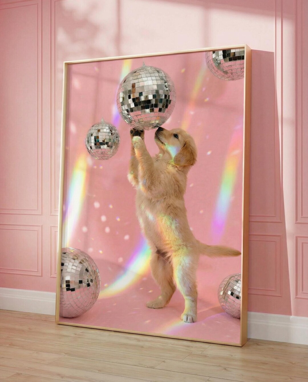 Golden Retriever Puppy With Disco Ball - Rainbow Prism Pink Poster - Etsy