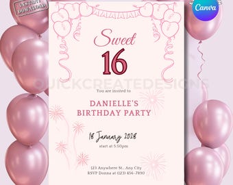Editable Sweet 16 Digital Invitation Template, Customizable Birthday ...