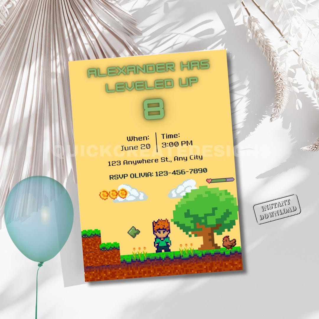Pixel Block Birthday Party Invitation - Instant Download - Etsy