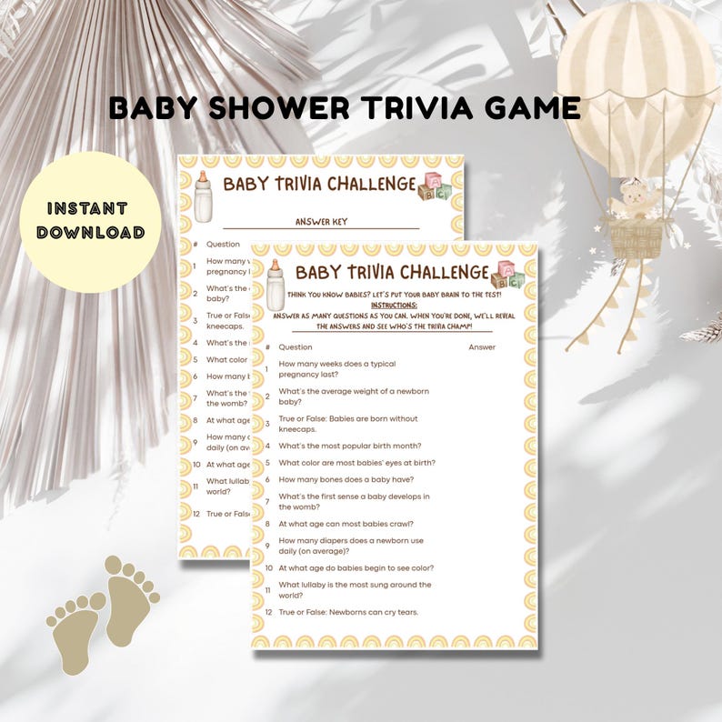 Printable Baby Shower Trivia Game With Answer Key Included - Instant ...