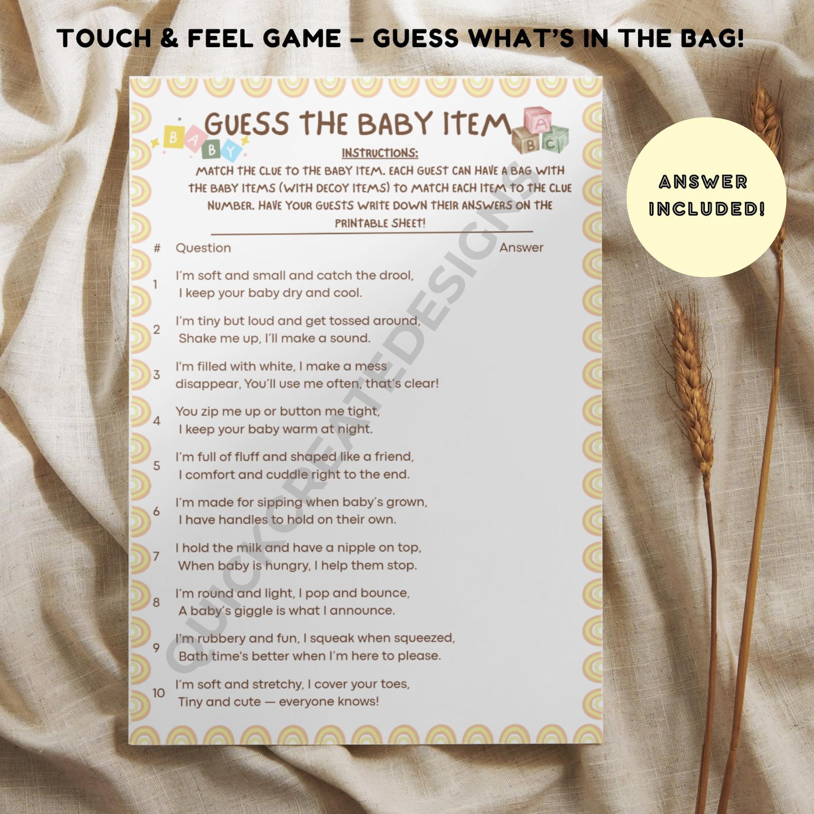 Baby Shower Game: Guess the Baby Item - Instant Download - Etsy