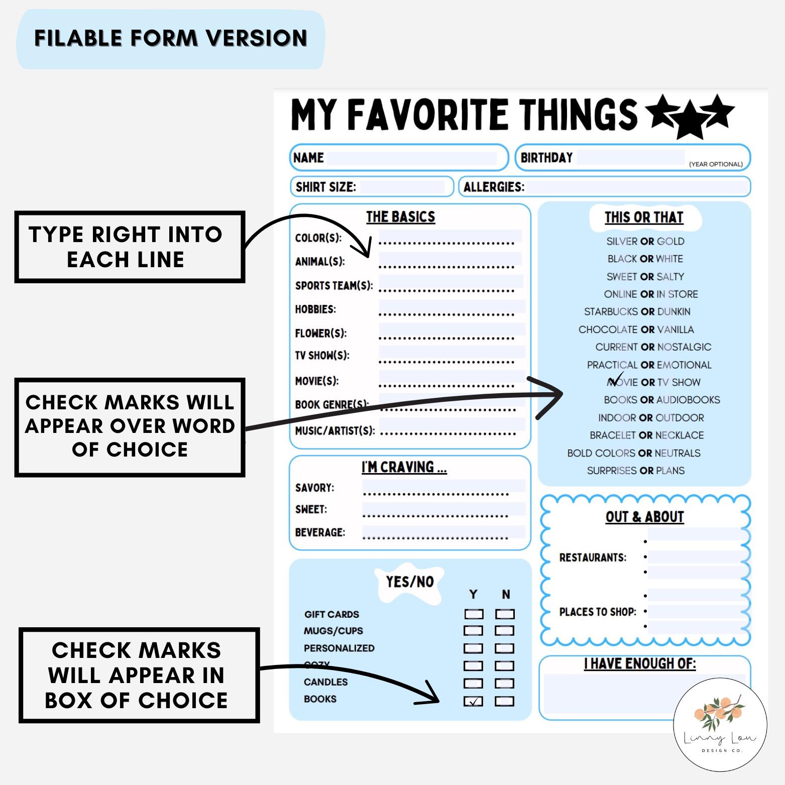 Fillable My Favorite Things List L Employee Favorites Survey L Teacher ...