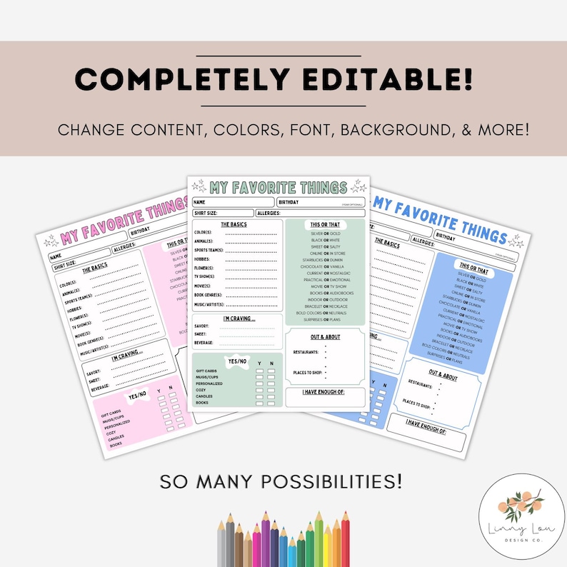 Editable Favorite Things List L Favorites List L Get to Know You L ...