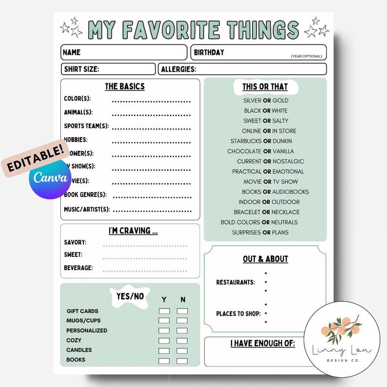 Editable Favorite Things List L Favorites List L Get to Know You L ...