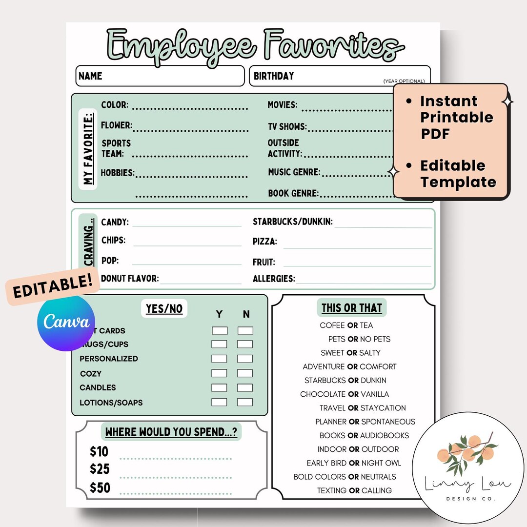 Editable and Instant Printable New Employee Survey | Editable Staff ...