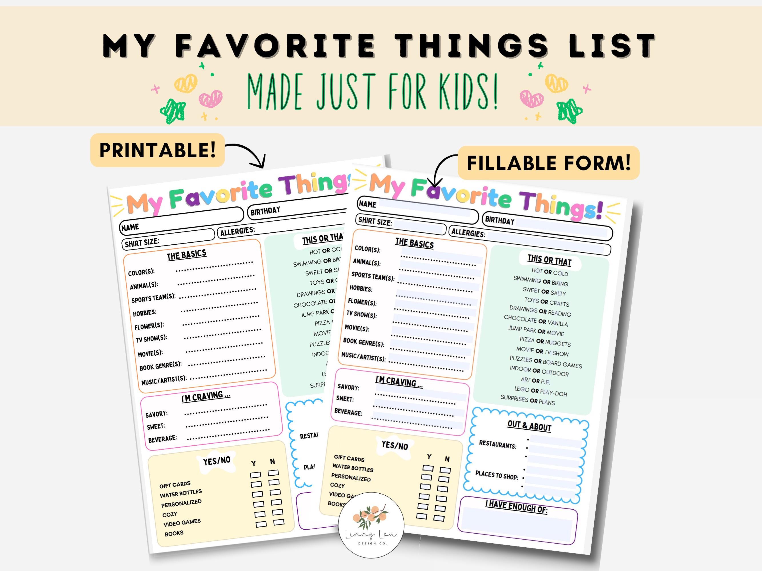 Fillable Form Kids Favorite Things List L Favorites List L Get to Know ...