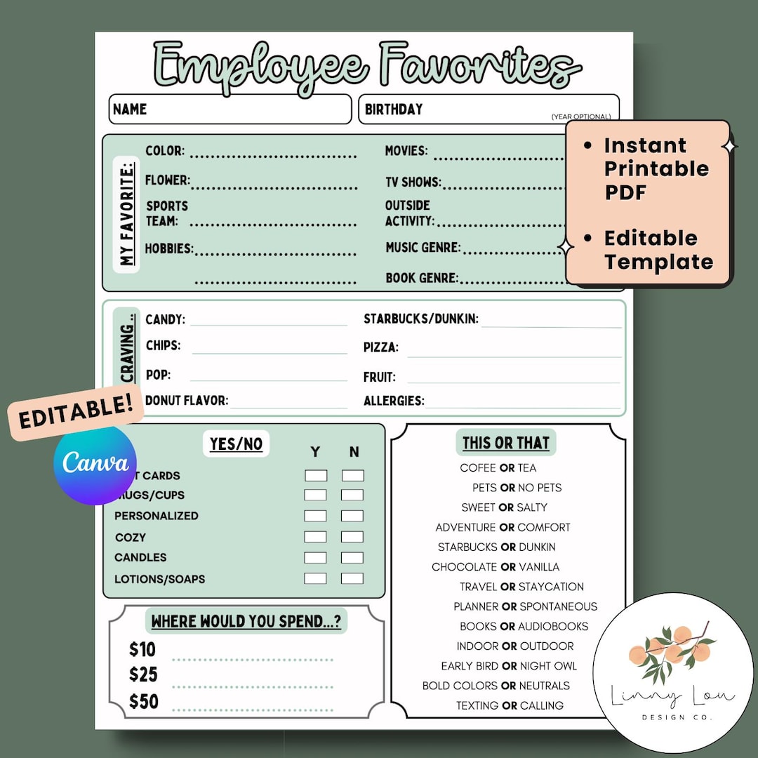 Editable and Instant Printable New Employee Survey | Editable Staff ...
