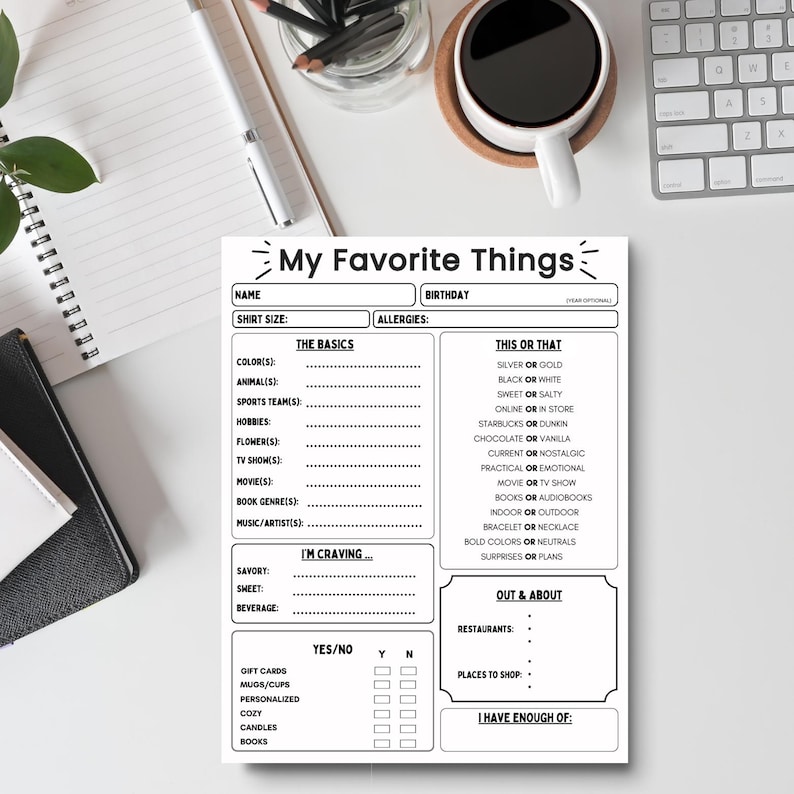 Editable and Instant Printable My Favorites Things List | Editable Gift ...