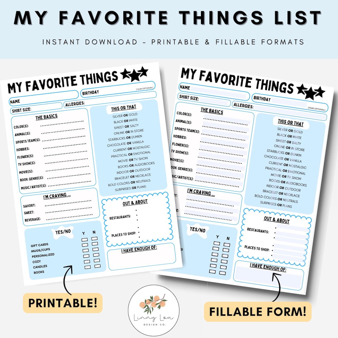 Fillable My Favorite Things List L Employee Favorites Survey L Teacher ...