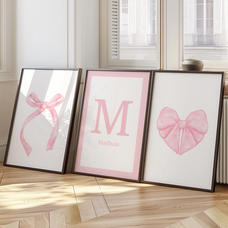 Trendy Pink Bows Wall Art Set of 3 L Coquette Room Decor L Heart Wall ...