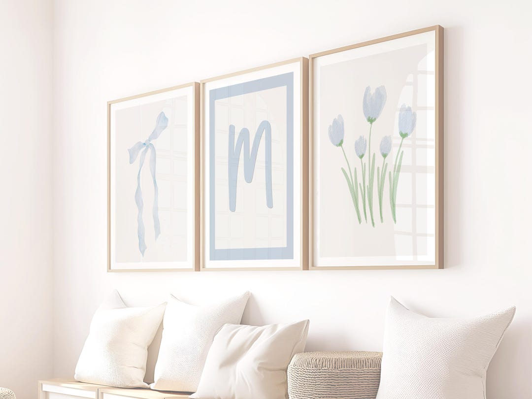 Set of 3 Customized Light Blue Bow Watercolor Wall Art | Girl Room Wall ...