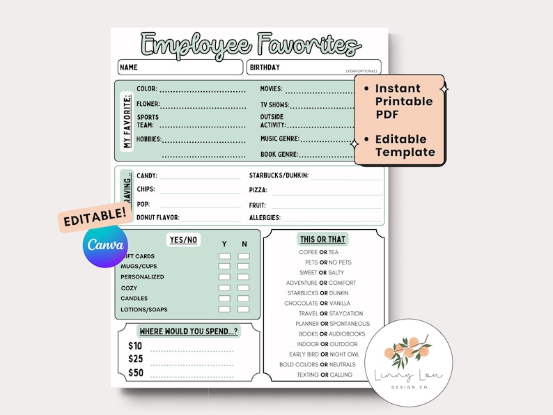 Editable and Instant Printable New Employee Survey | Editable Staff ...
