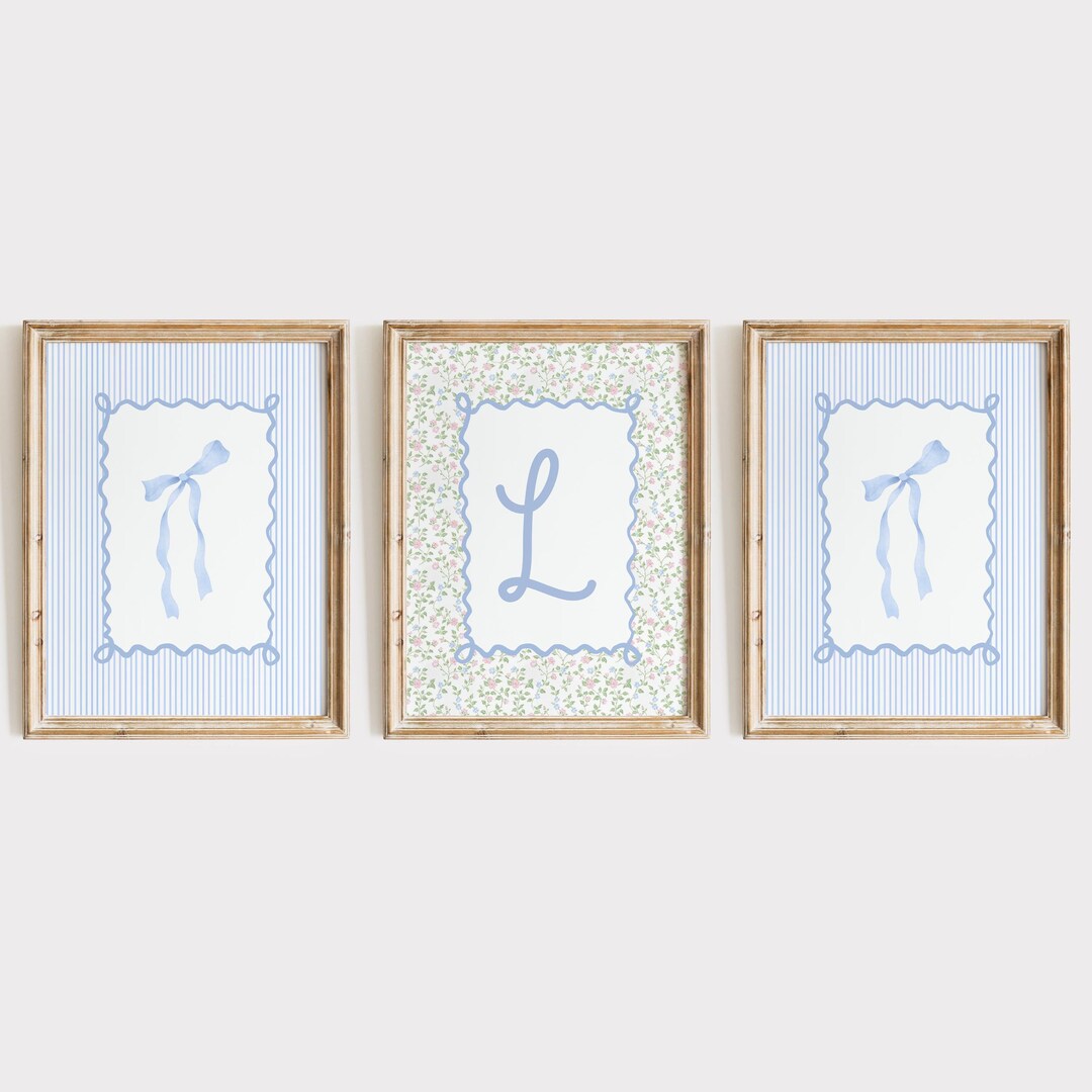 Custom Blue Initial Prints, Girl Bedroom Decor, Vintage Floral Bow Art ...