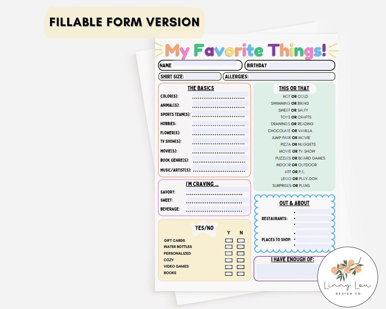 Fillable Form Kids Favorite Things List L Favorites List L Get to Know ...