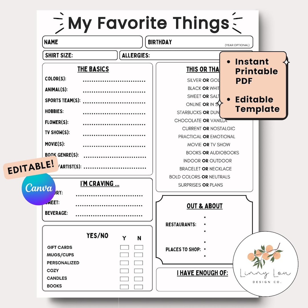 Editable and Instant Printable My Favorites Things List | Editable Gift ...