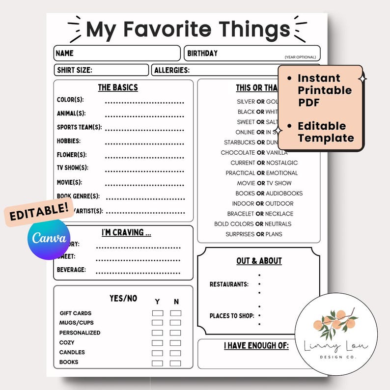 Editable and Instant Printable My Favorites Things List | Editable Gift ...