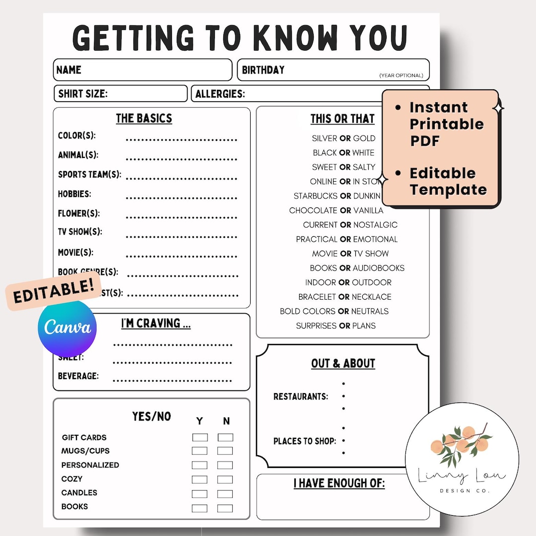 Editable and Instant Printable Getting to Know You Survey | Editable ...