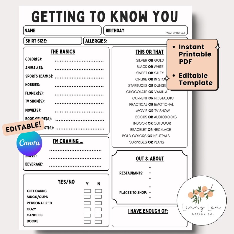 Editable and Instant Printable Getting to Know You Survey | Editable ...