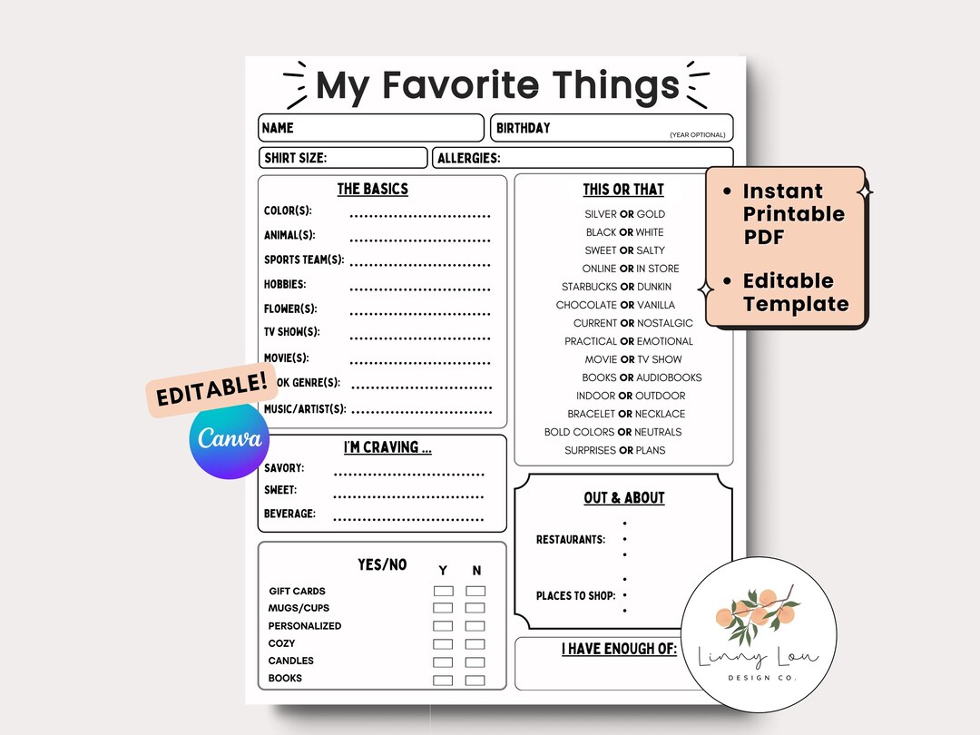 Editable and Instant Printable My Favorites Things List | Editable Gift ...