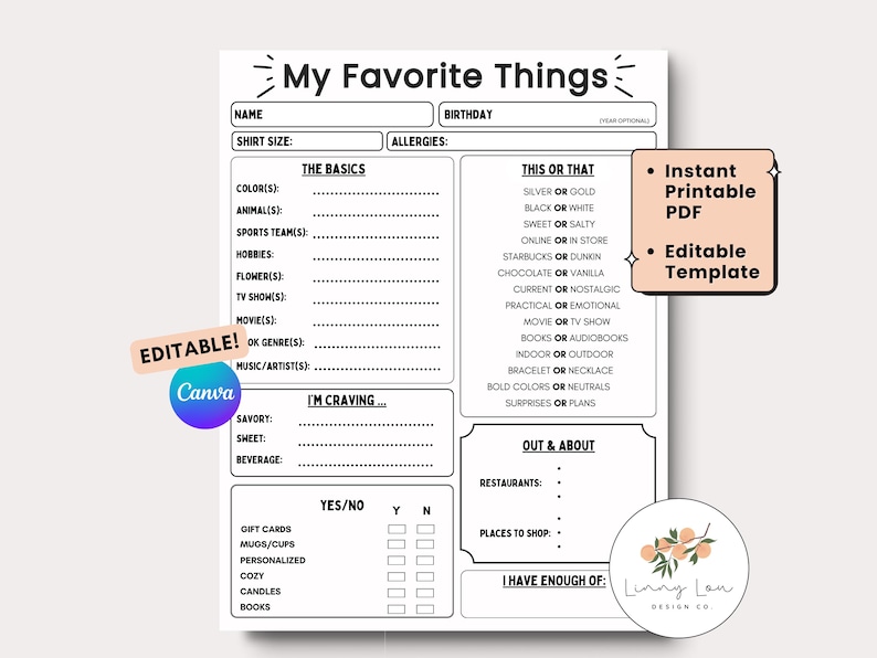 Editable and Instant Printable My Favorites Things List | Editable Gift ...