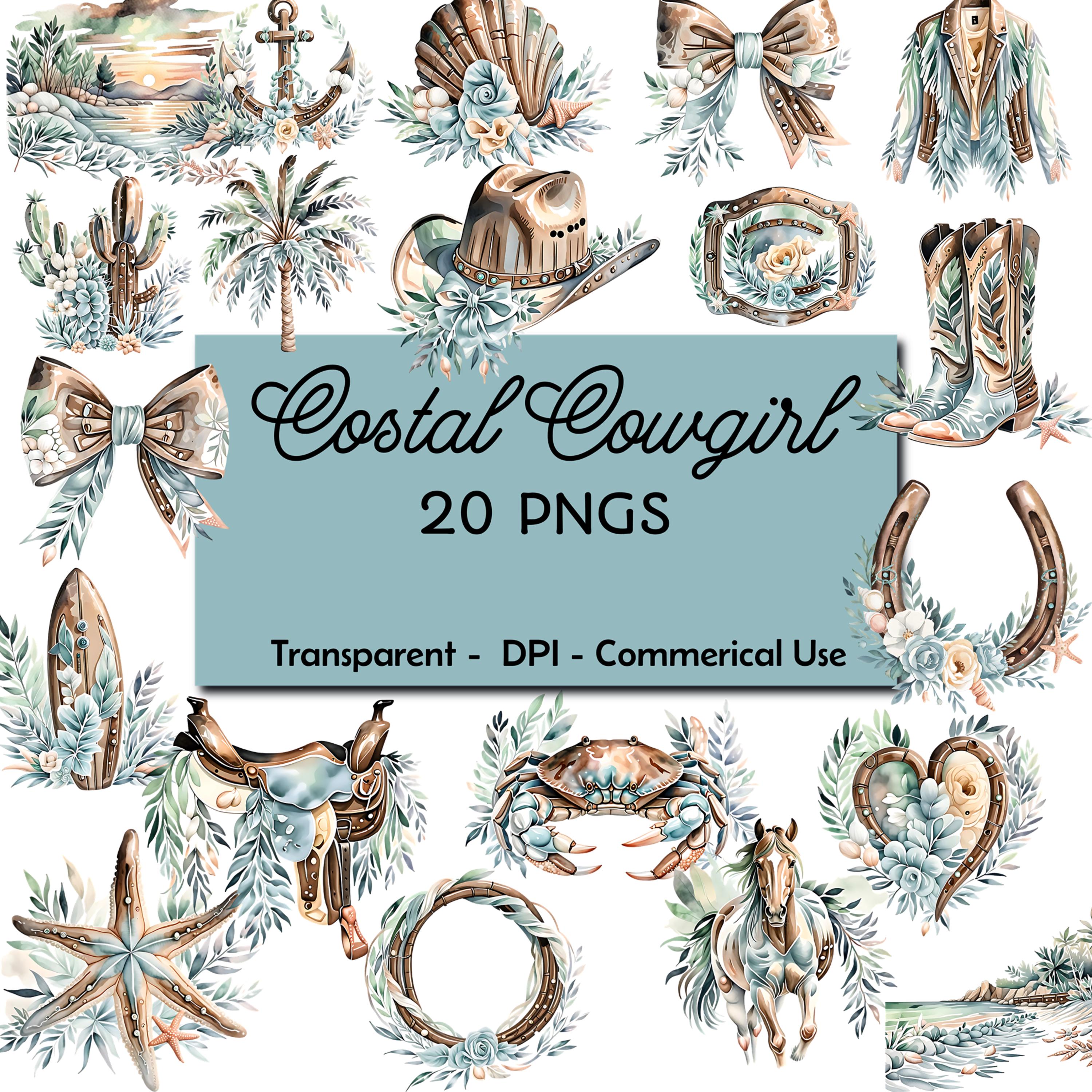 Costal Cowgirl Clipart | Coastal Cowgirl PNGS | Watercolor Western Clip ...