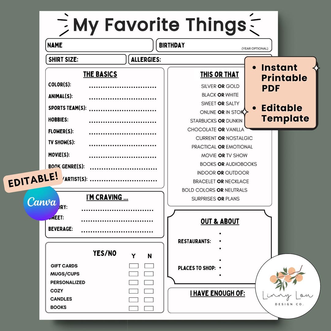 Editable and Instant Printable My Favorites Things List | Editable Gift ...
