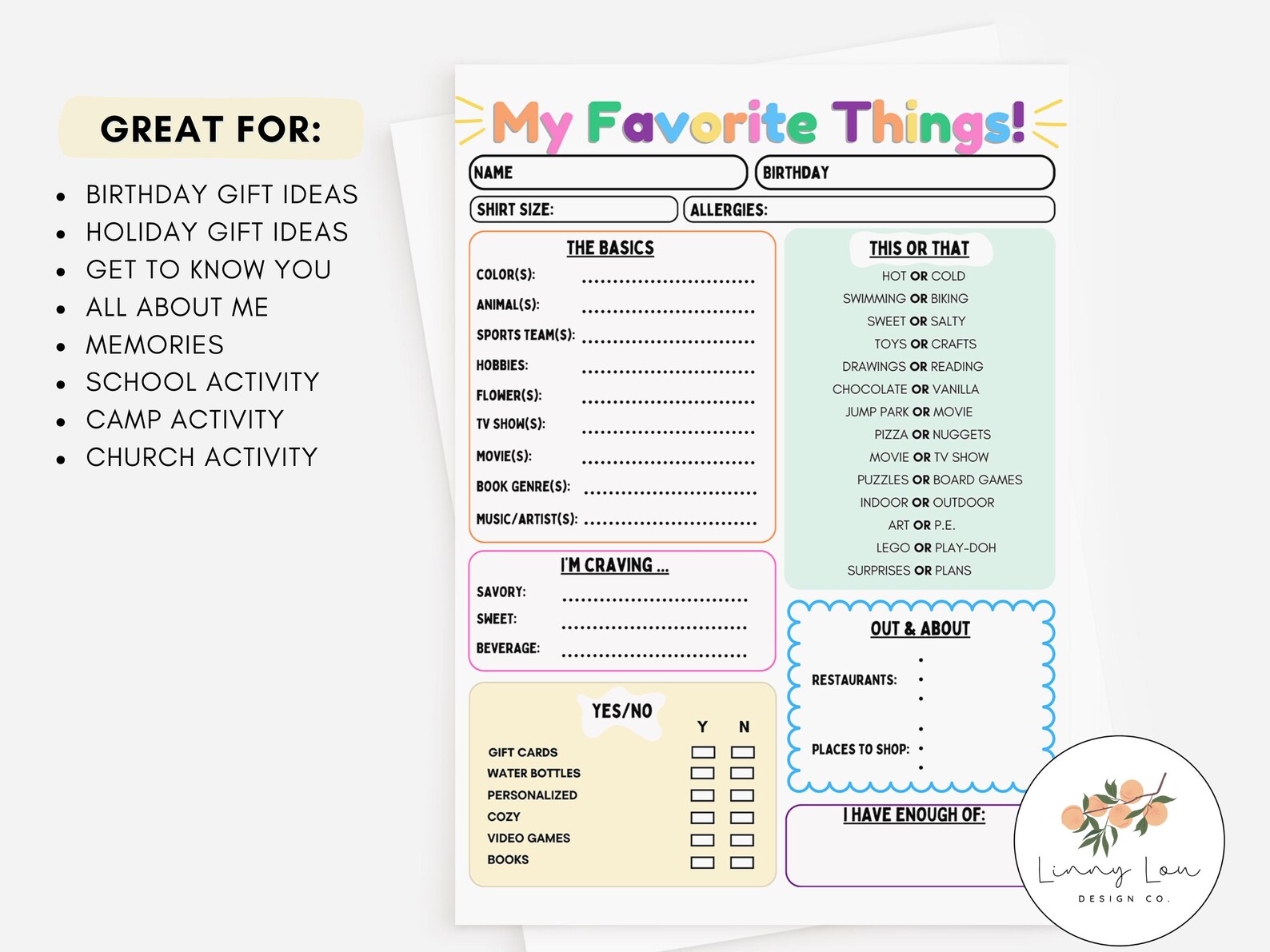Fillable Form Kids Favorite Things List L Favorites List L Get to Know ...