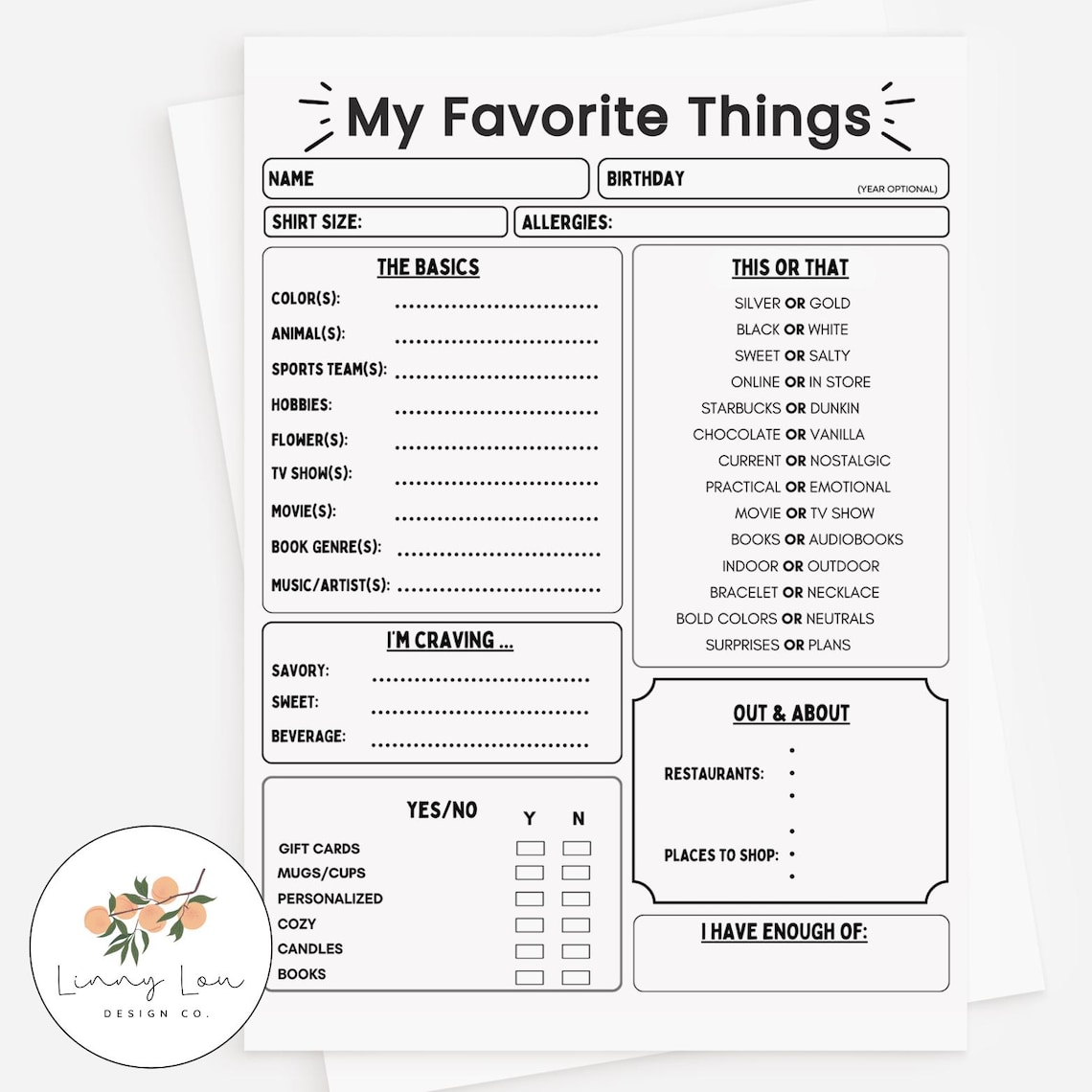 Editable and Instant Printable My Favorites Things List | Editable Gift ...