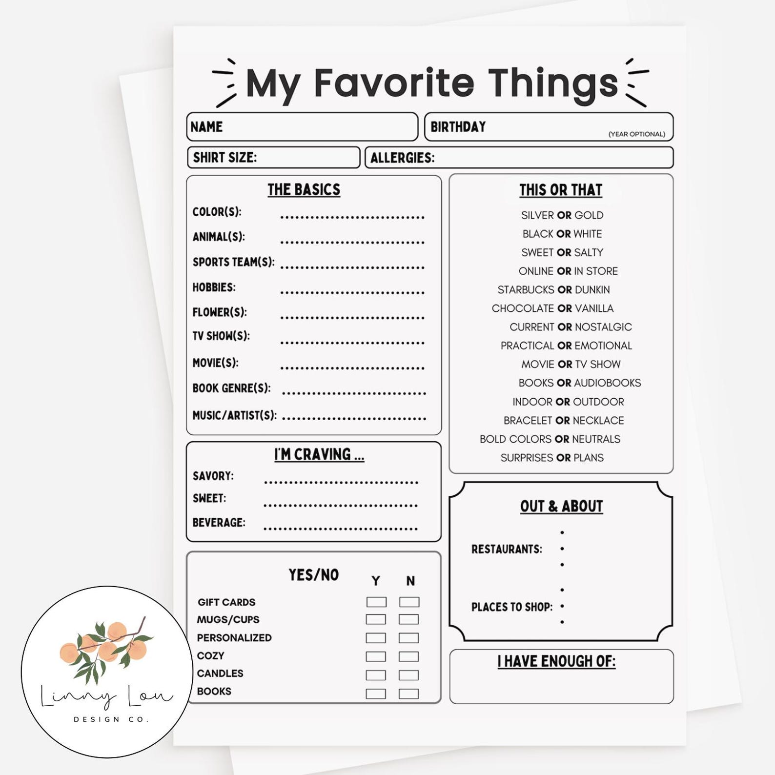 Editable and Instant Printable My Favorites Things List | Editable Gift ...