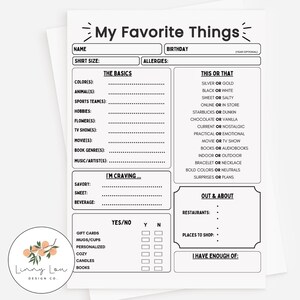Editable and Instant Printable My Favorites Things List | Editable Gift ...