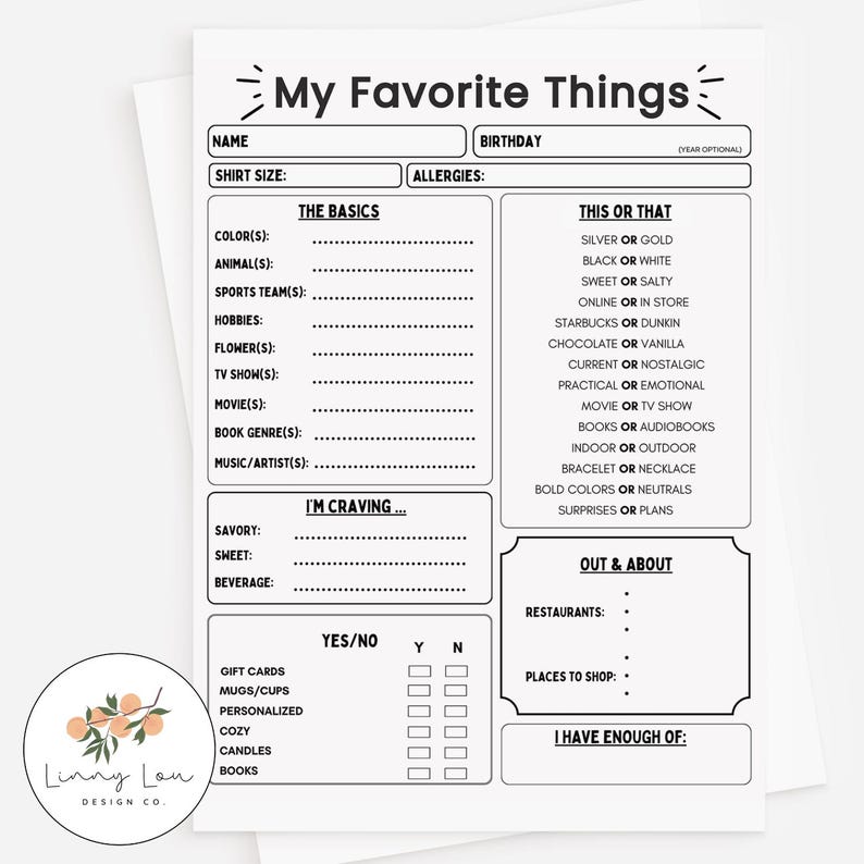 Editable and Instant Printable My Favorites Things List | Editable Gift ...