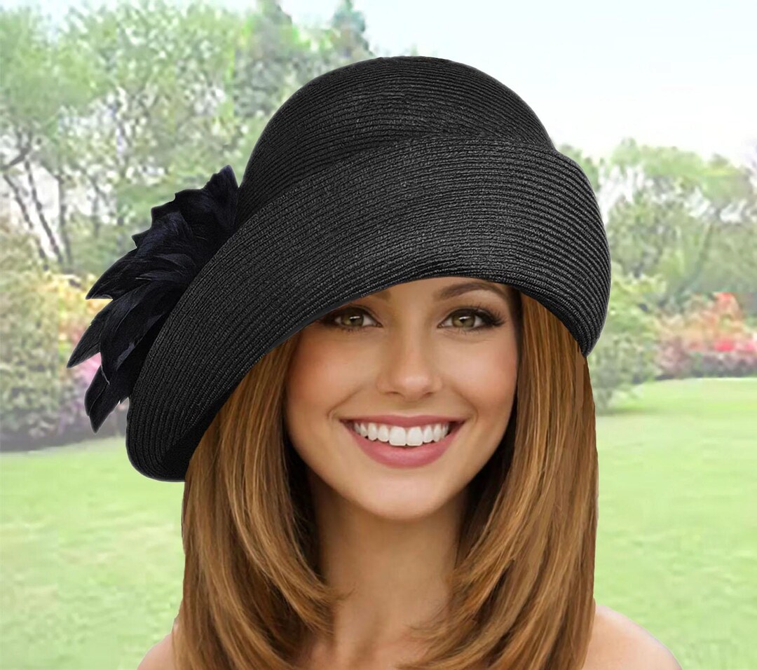 Black Flapper Cloche Hat: 1920s Style Parasisal Straw With Feathers ...