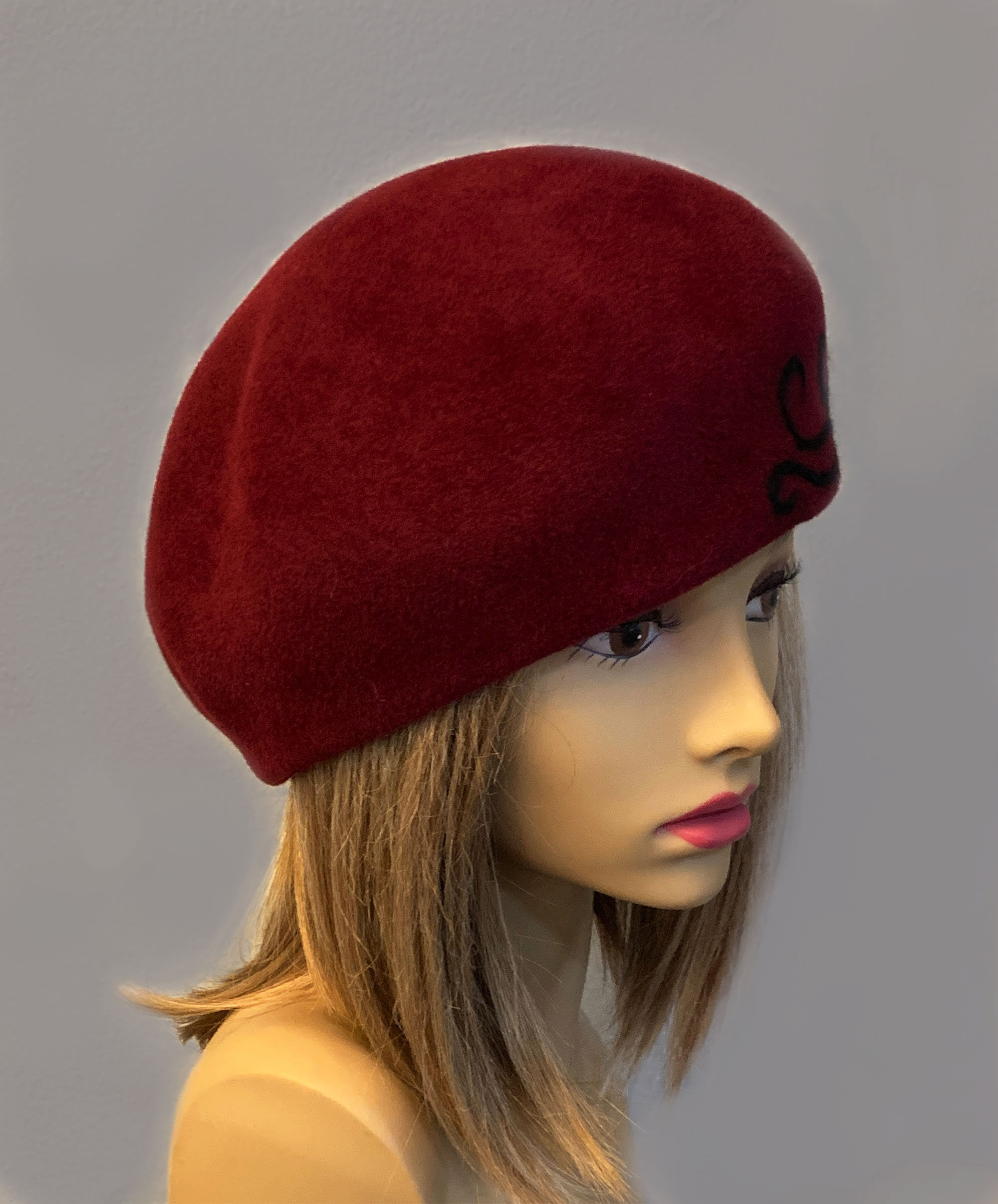 Cheri', Velour Felt Beret Millinery Hat With Hand Felted Scroll Work - Etsy