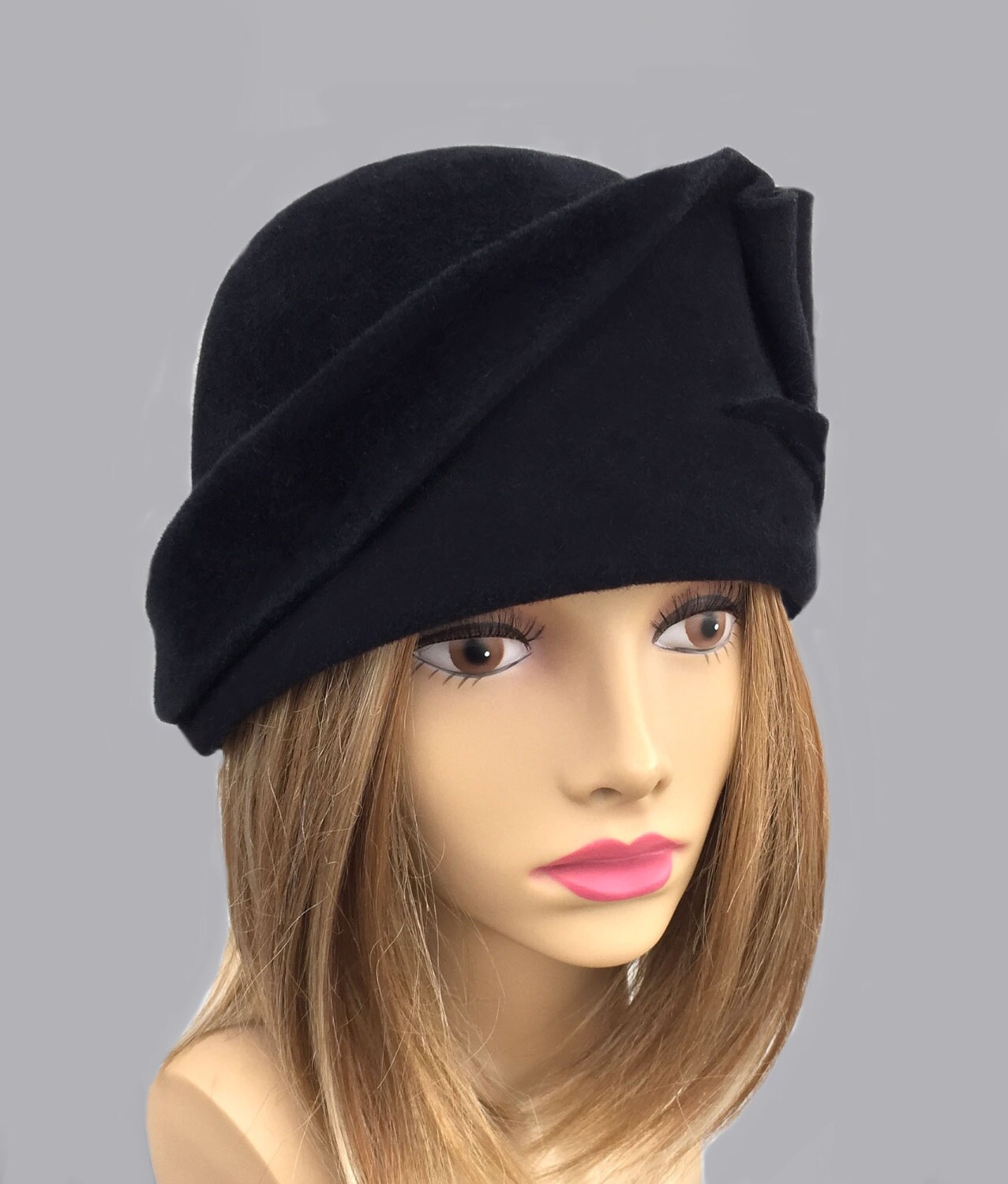 Amber, Velour Felt Cloche With Draped Pleated Swirls, Black Felt ...