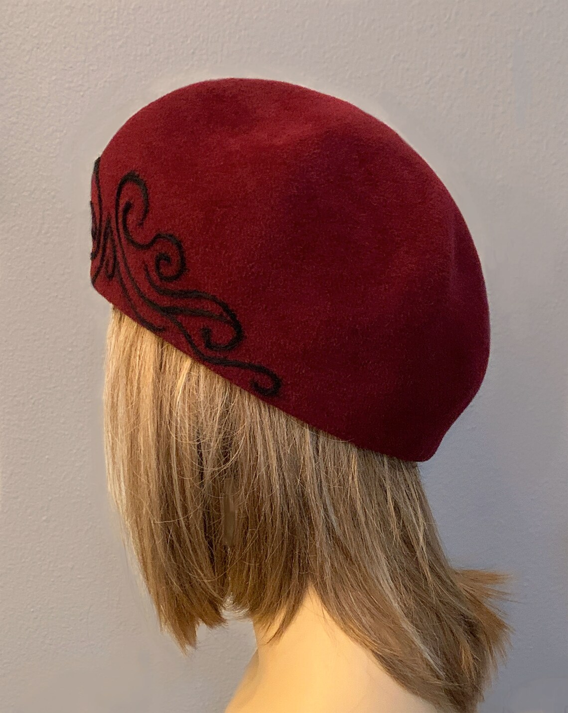 Cheri', Velour Felt Beret Millinery Hat With Hand Felted Scroll Work - Etsy